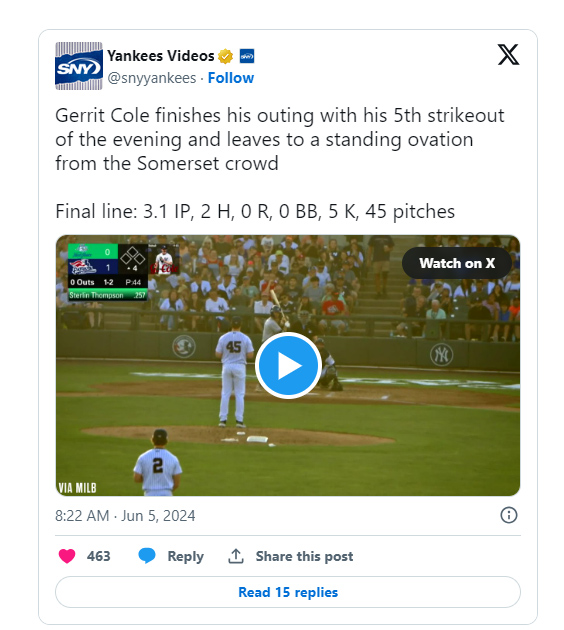 양키스 에이스 콜, 첫 재활 투구 5K...156km/h 찍었다